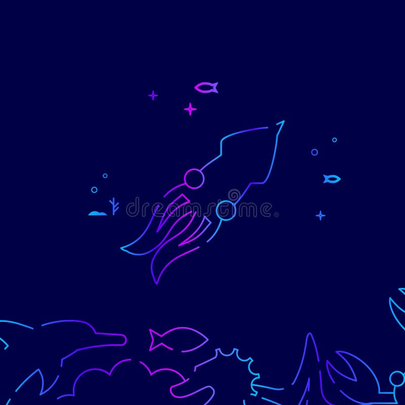 Squid, Cephalopod Vector Line Icon, Illustration on a Dark Blue ...