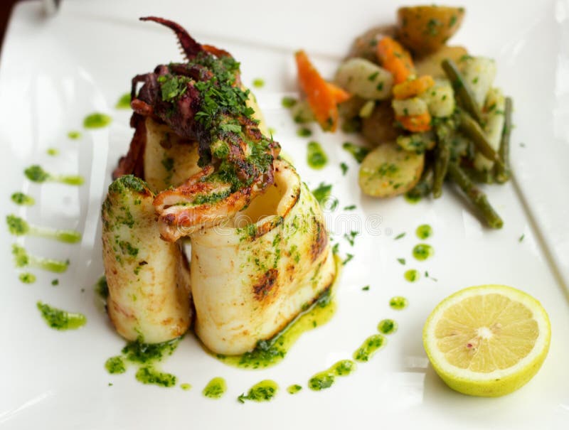 Squid from the Chief-Cooker. Stock Photo - Image of delicious, basil ...