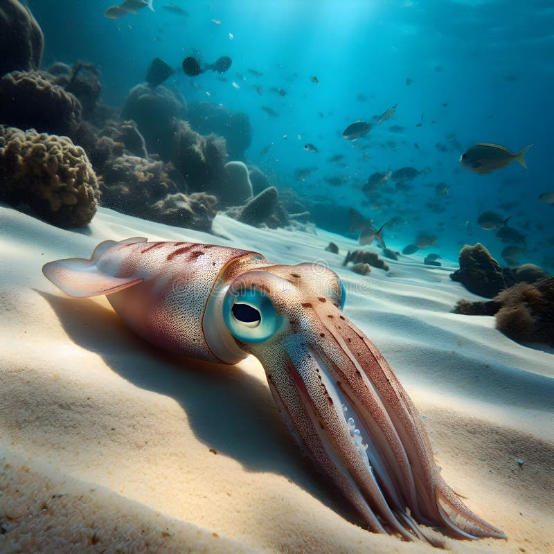 The Squid Crawls Across the Sandy Sea Bottom. Generative Al Stock ...