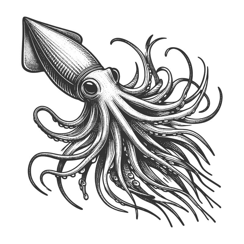Squid Engraving Sketch Vector Illustration Stock Vector - Illustration ...