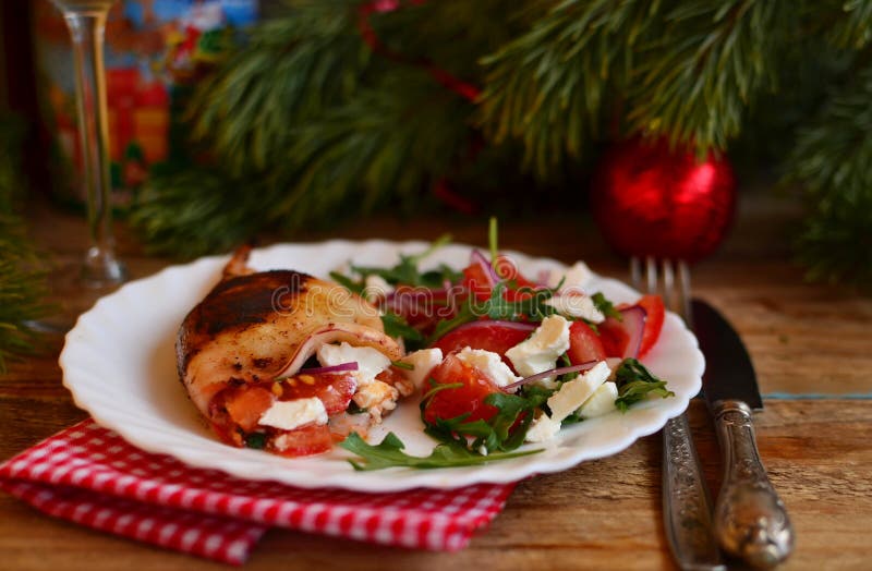 Squid-grill Stuffed with Feta, Rocket and Tomatoes Stock Photo - Image ...