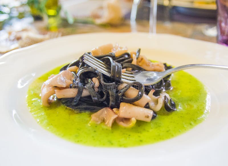 Squid Ink Spaghetti with Squid on a Bed of Spinach Cream Stock Image ...