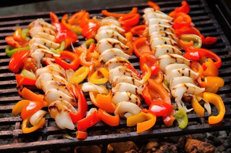 Squid Pieces on a Hot Grill Rack with Bell Peppers Stock Image - Image ...