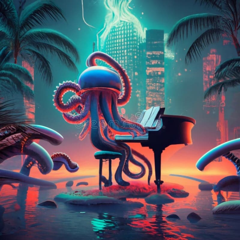 A Squid Playing a Piano Under the Midnight Stock Illustration ...