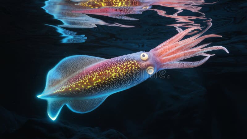 A Squid Swimming Underwater at Night Stock Illustration - Illustration ...