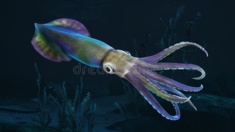 A Squid Swimming Underwater at Night Stock Illustration - Illustration ...