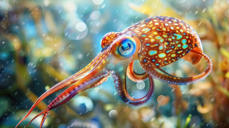 The Squid Swims Beautifully Underwater. Selective Focus Stock Photo ...