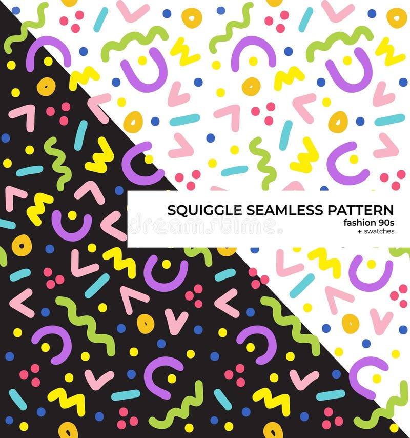 Squiggle Doodle Seamless Pattern in 90s Style Stock Illustration ...