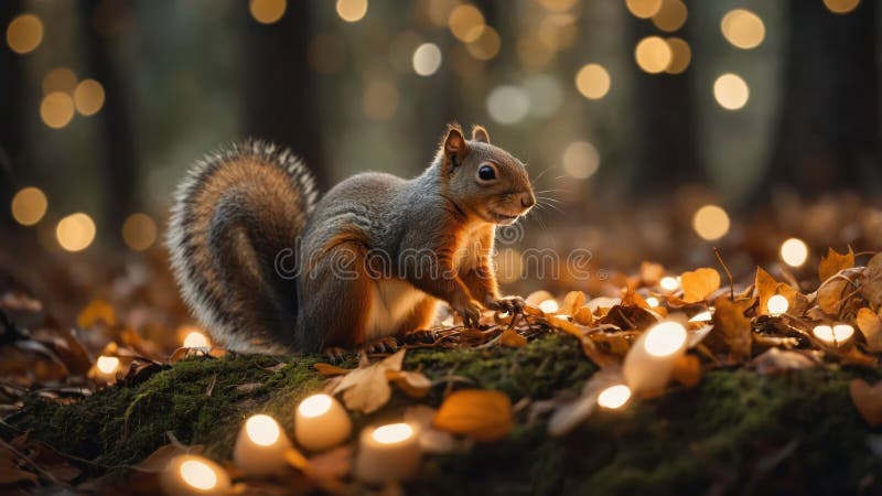 Adorable Squirrel in Autumn Forest with Fairy Lights Stock Illustration ...