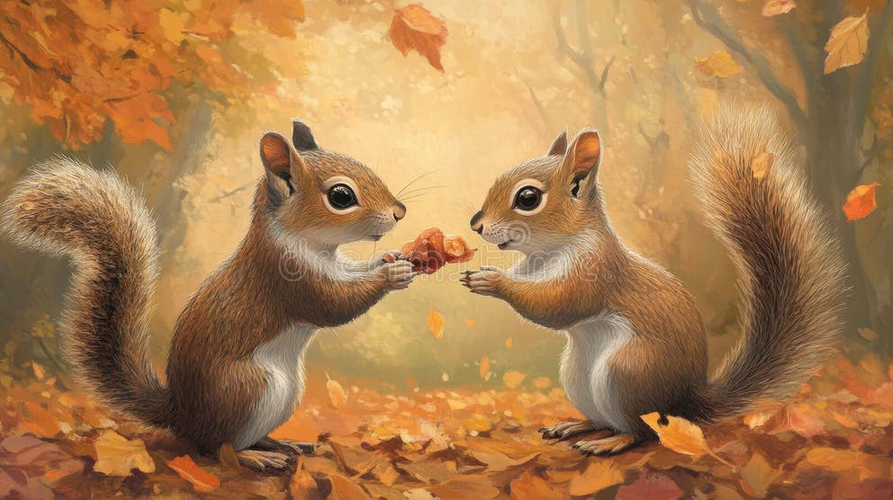 Squirrel Appreciation Day Two Squirrels Sharing a Nut in Autumn Forest ...