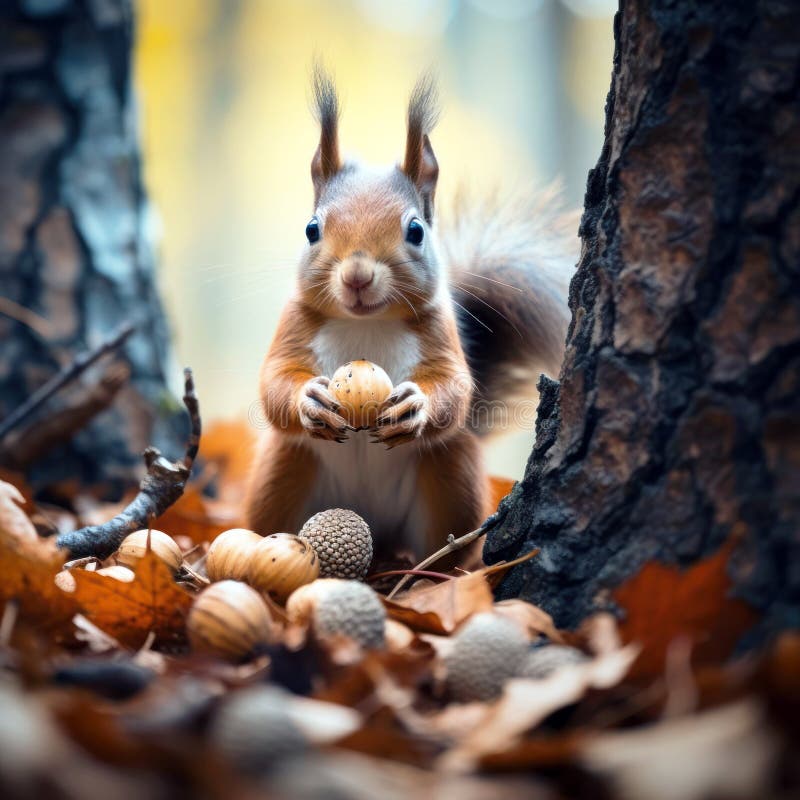 A Squirrel in the Autumn Forest. a Beautiful Red Squirrel in the Autumn ...