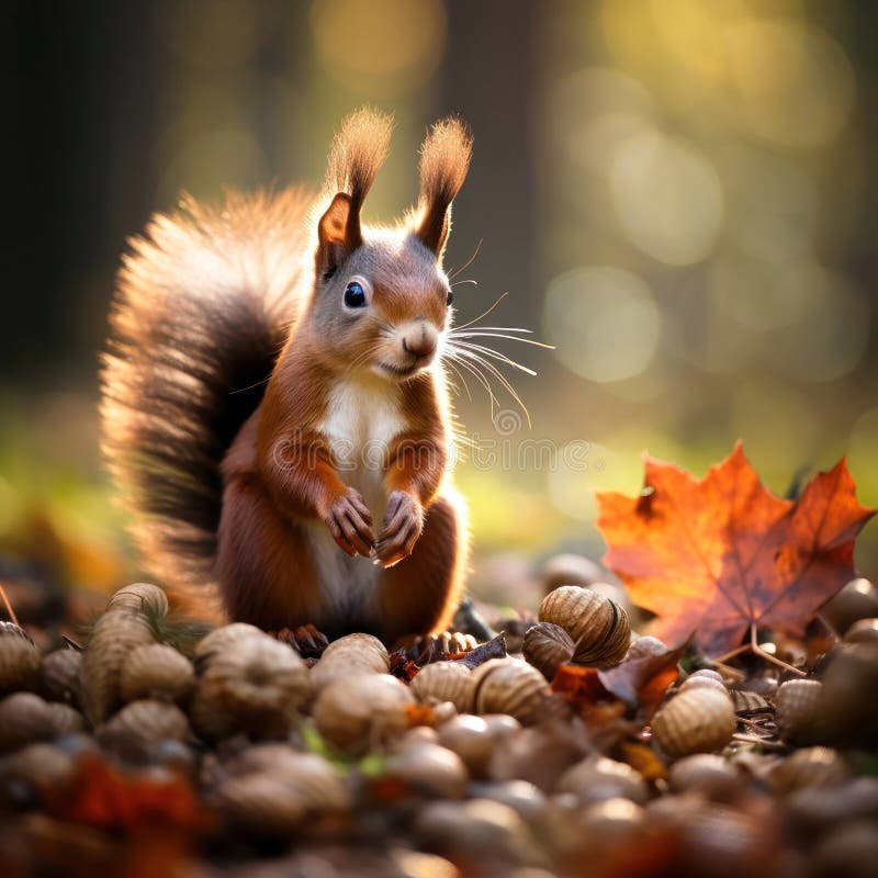 A Squirrel in the Autumn Forest. a Beautiful Red Squirrel in the Autumn ...