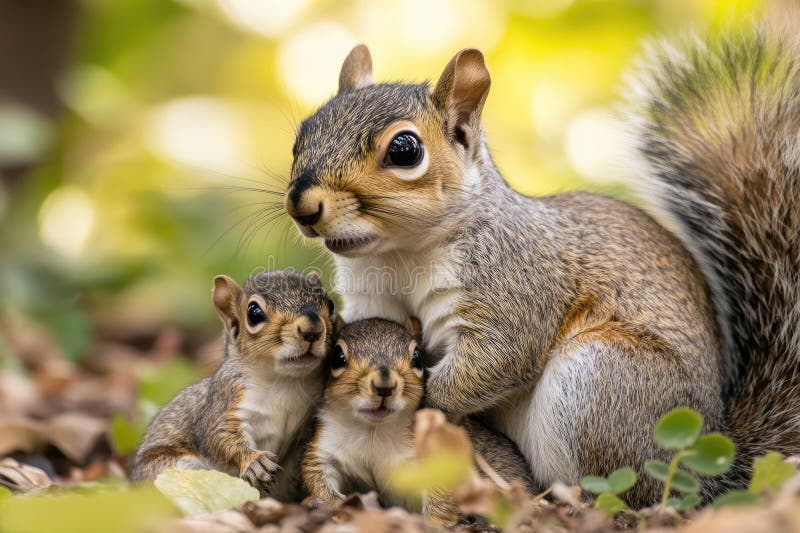 A Mother Squirrel Sits on the Ground, Gently Cuddling Her Two Babies in ...