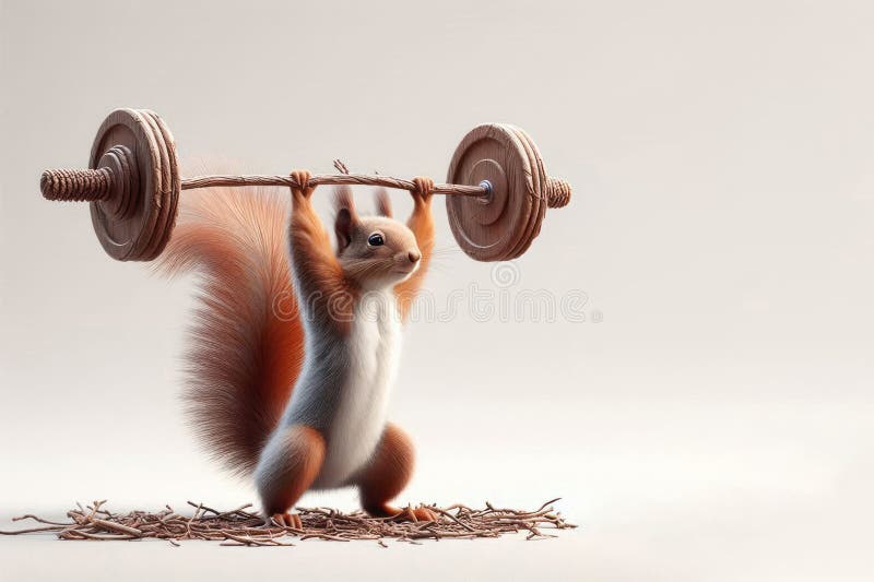 A Squirrel with a Barbell Made of Branches. Space for Text. Stock Photo ...
