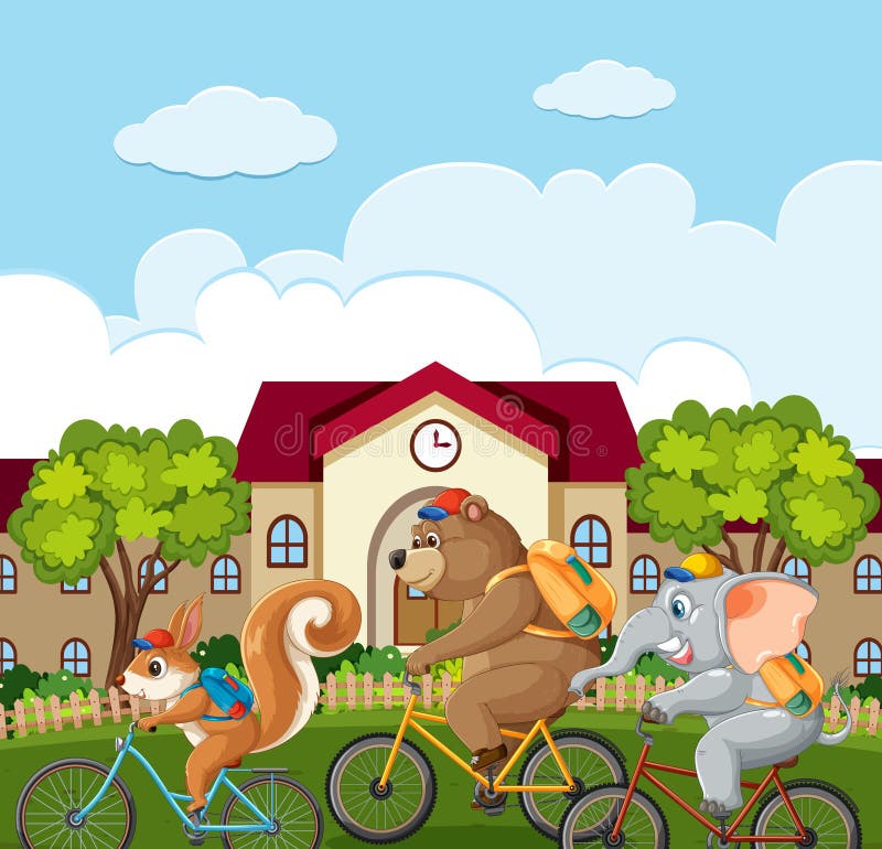 Animal cycling to school stock vector. Illustration of happiness ...