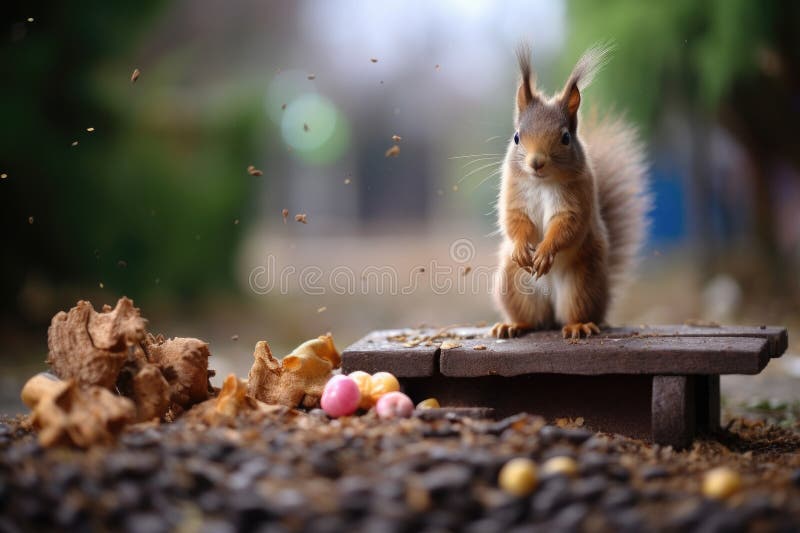 Squirrel on a Bench, Sandwich Crumbs Scattered Around Stock Photo ...