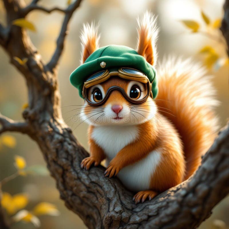 Squirrel with Cap and Goggles on a Tree Branch Stock Illustration ...