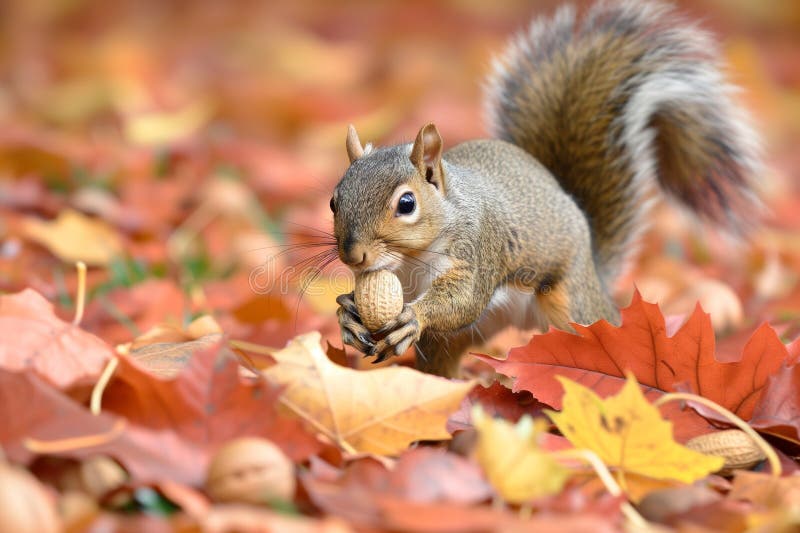 Squirrel Carrying a Nut Blend Across Fallen Autumn Leaves Stock Image ...