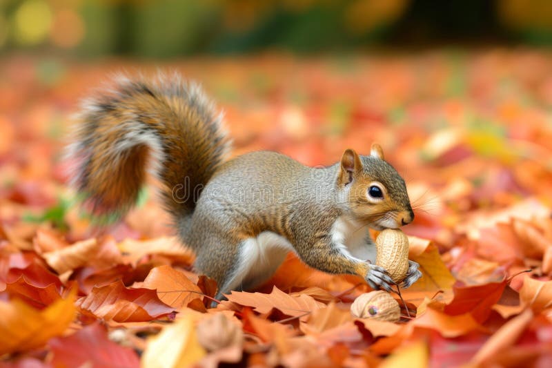 Squirrel Carrying a Nut Blend Across Fallen Autumn Leaves Stock Photo ...