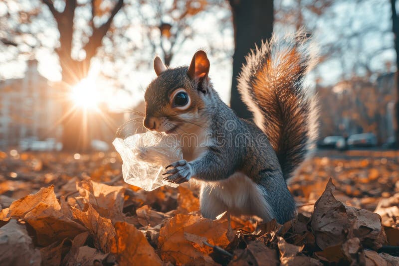 Squirrel Carrying Plastic Wrapper while Standing on Fallen Leaves in a ...