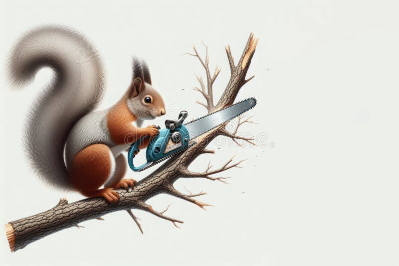 A Squirrel with a Chainsaw on a Branch. Space for Text. Stock Photo ...
