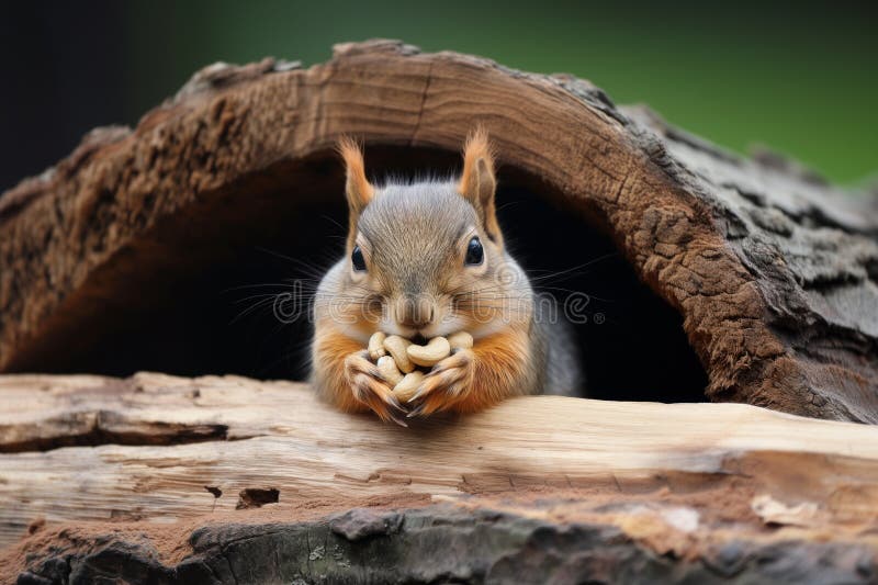 Squirrel with Cheeks Full of Cashews Inside Hollow Log Stock Image ...