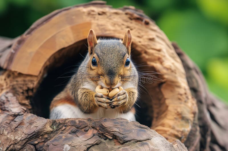 Squirrel with Cheeks Full of Cashews Inside Hollow Log Stock Image ...