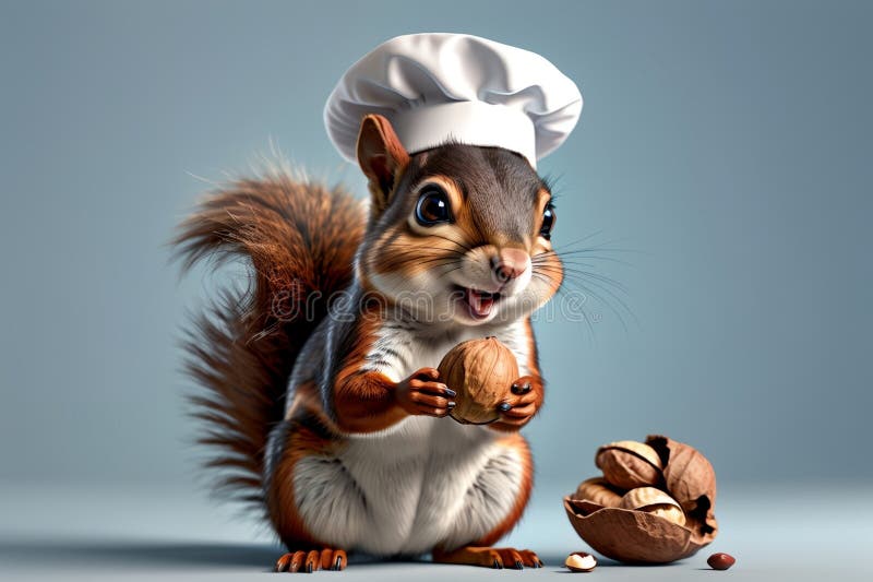 Squirrel in a Chef S Hat Cleaning Nuts, Isolated on a Blue Background ...