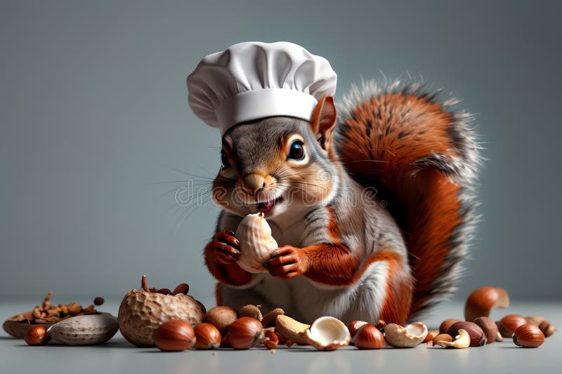 Squirrel in a Chef S Hat Cleaning Nuts, Isolated on a Blue Background ...