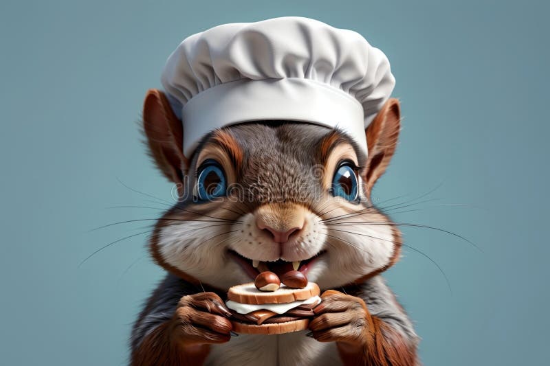Squirrel in Chef S Hat with Sandwich and Nut Spread, Isolated on Blue ...