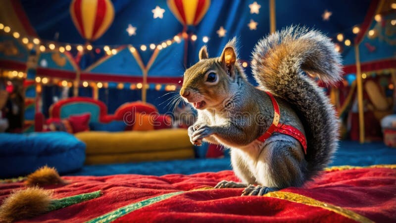 Adorable Circus Squirrel Posing on Red Velvet Stock Illustration ...