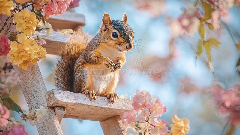 A Squirrel Climbing a Pastel-decorated Wooden Ladder in a Spring Setup ...