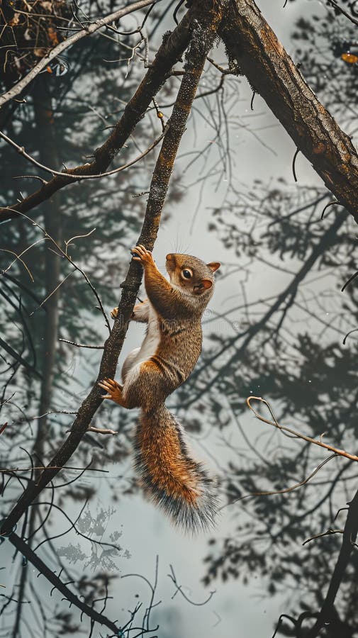Squirrel Climbing Tree Branch in Forest, Nature Observation Concept ...