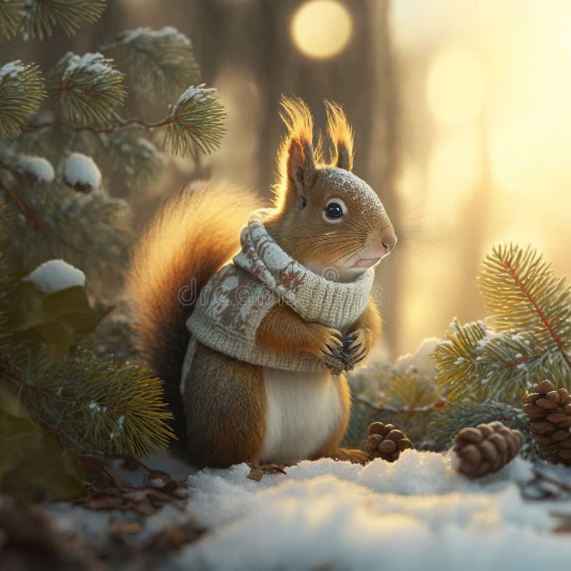 Squirrel with Coat in the Forest on a Snowy Winter Day. Generative AI ...