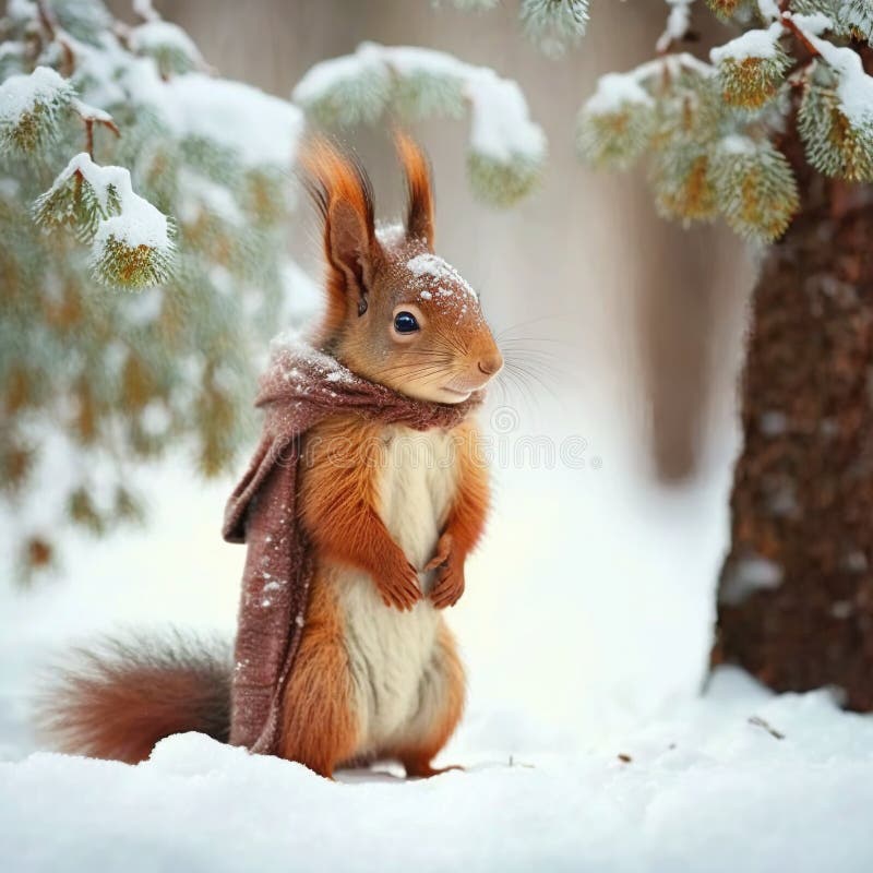 Squirrel with Coat in the Forest on a Snowy Winter Day. Generative AI ...