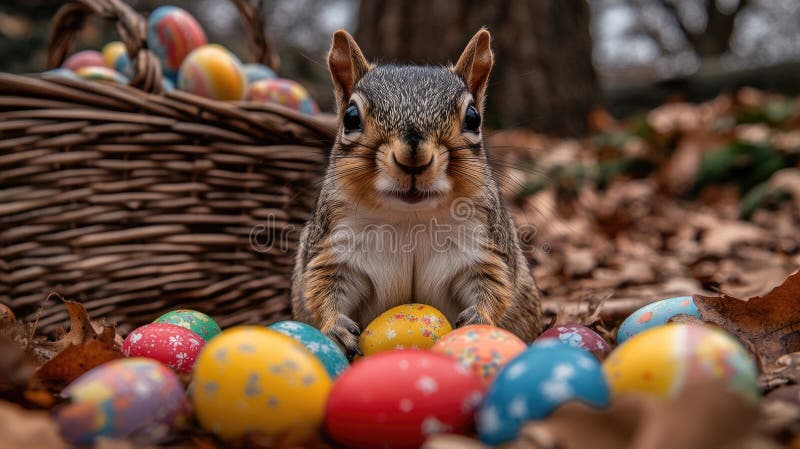 Squirrel among Colorful Easter Eggs in a Forest Setting. Easter, Pascha ...