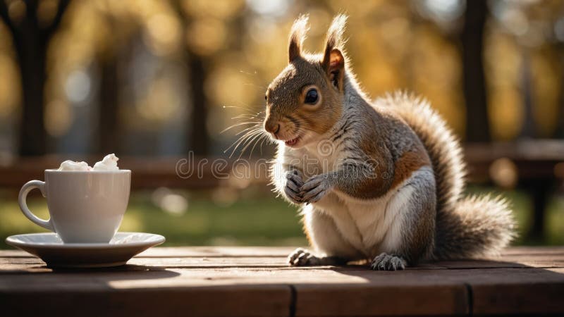 Adorable Squirrel Enjoying a Coffee Break in Autumn Stock Illustration ...