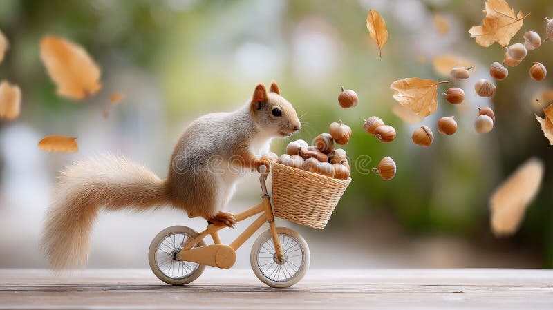 Squirrel Cycling Adventure with Acorns and Falling Leaves Stock Image ...