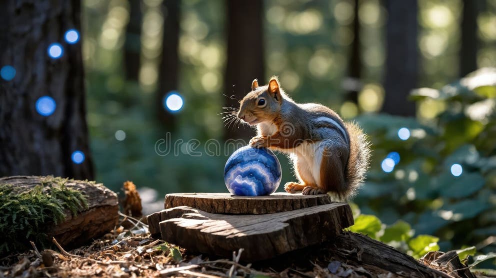 Adorable Squirrel with Blue Agate Sphere in Forest Stock Illustration - Illustration of bright ...