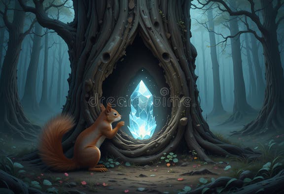 Squirrel Discovers Glowing Crystal in Ancient Tree Stock Illustration ...