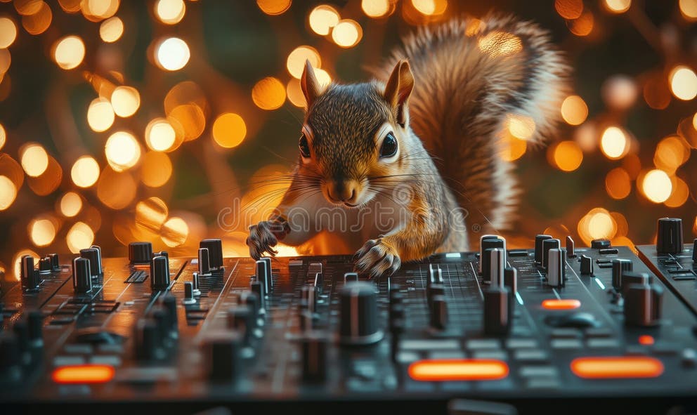 Squirrel DJ Mixing Music on Controller Surrounded by Bokeh Lights Stock Image - Image of ...