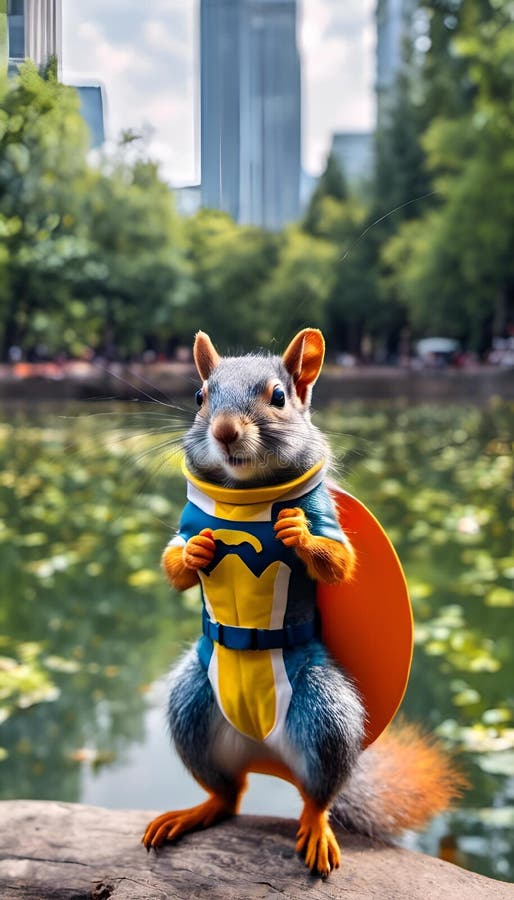 A Squirrel Dressed As a Super Hero by the River is Posed for the Camera ...