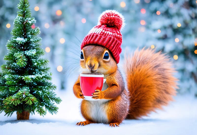 Squirrel Drinking Cocoa in the Forest at 21-9-2024 Stock Illustration ...