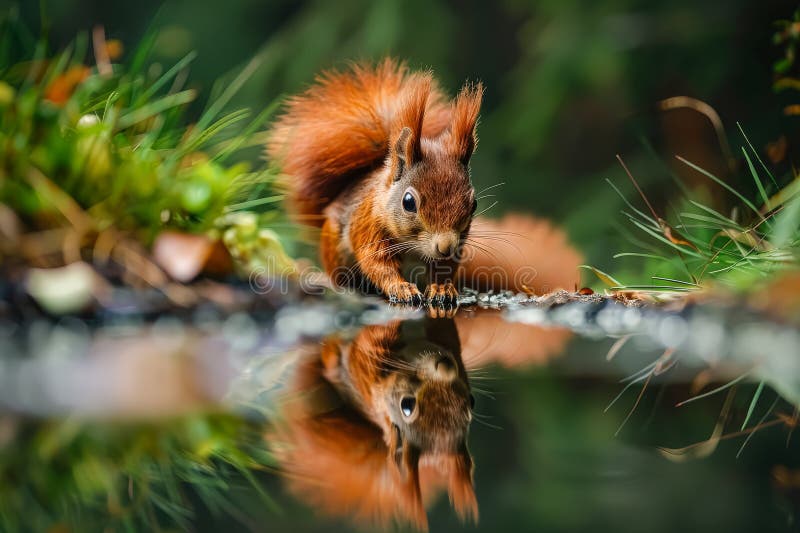 Squirrel is Drinking Water from a Pond Stock Photo - Image of furry ...