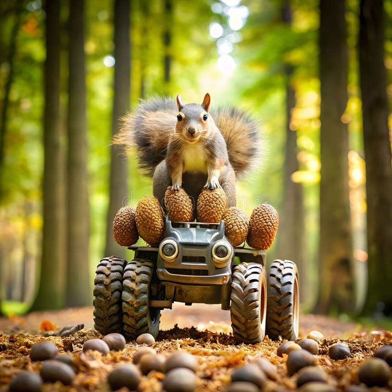 A Squirrel Driving a Monster Truck through a Forest, Navigating a Stock ...