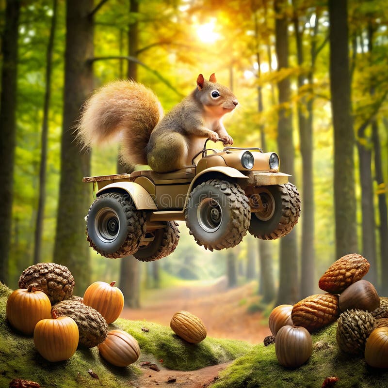 A Squirrel Driving a Monster Truck through a Forest, Navigating a Stock ...