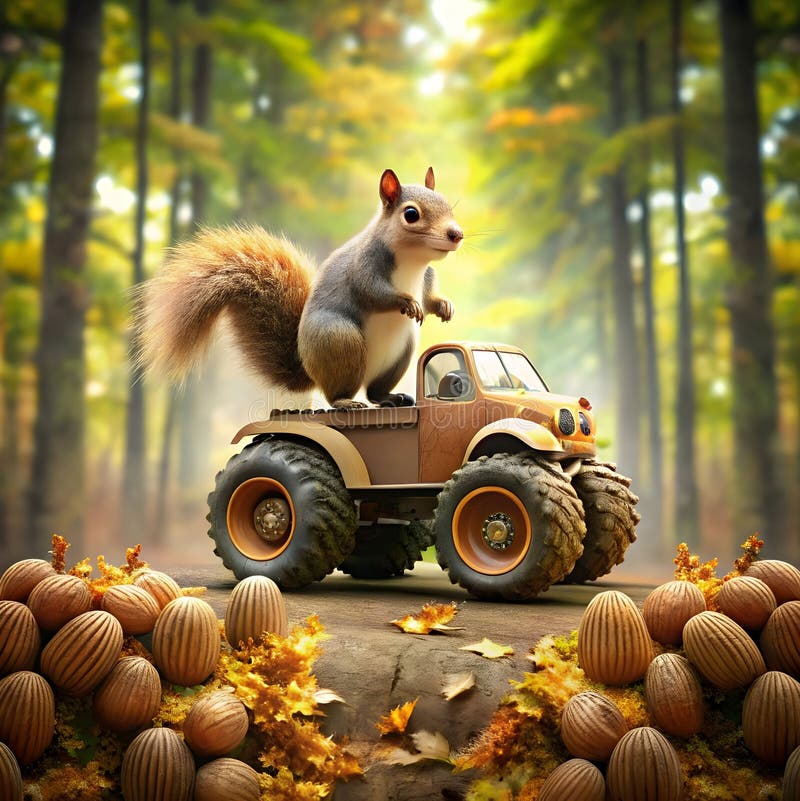 A Squirrel Driving a Monster Truck through a Forest, Navigating a Stock ...