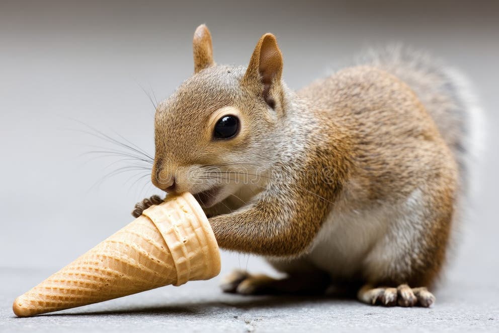 Squirrel Eating Ice Cream Cone on Pavement Stock Photo - Image of ...