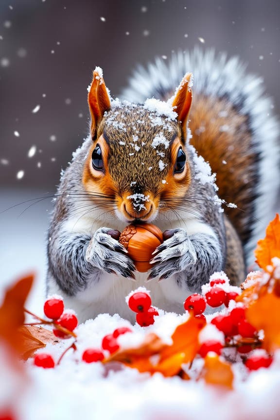 A Squirrel Eating a Nut in the Snow Stock Image - Image of autumn ...