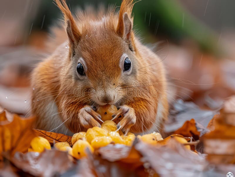 A Squirrel Eating Nuts in the Rain Stock Image - Image of nuts, rain ...